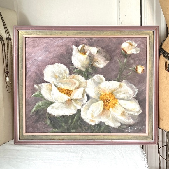 Vintage | Art | Vintage Oil Painting 9x23 Signed Niki White Peony ...